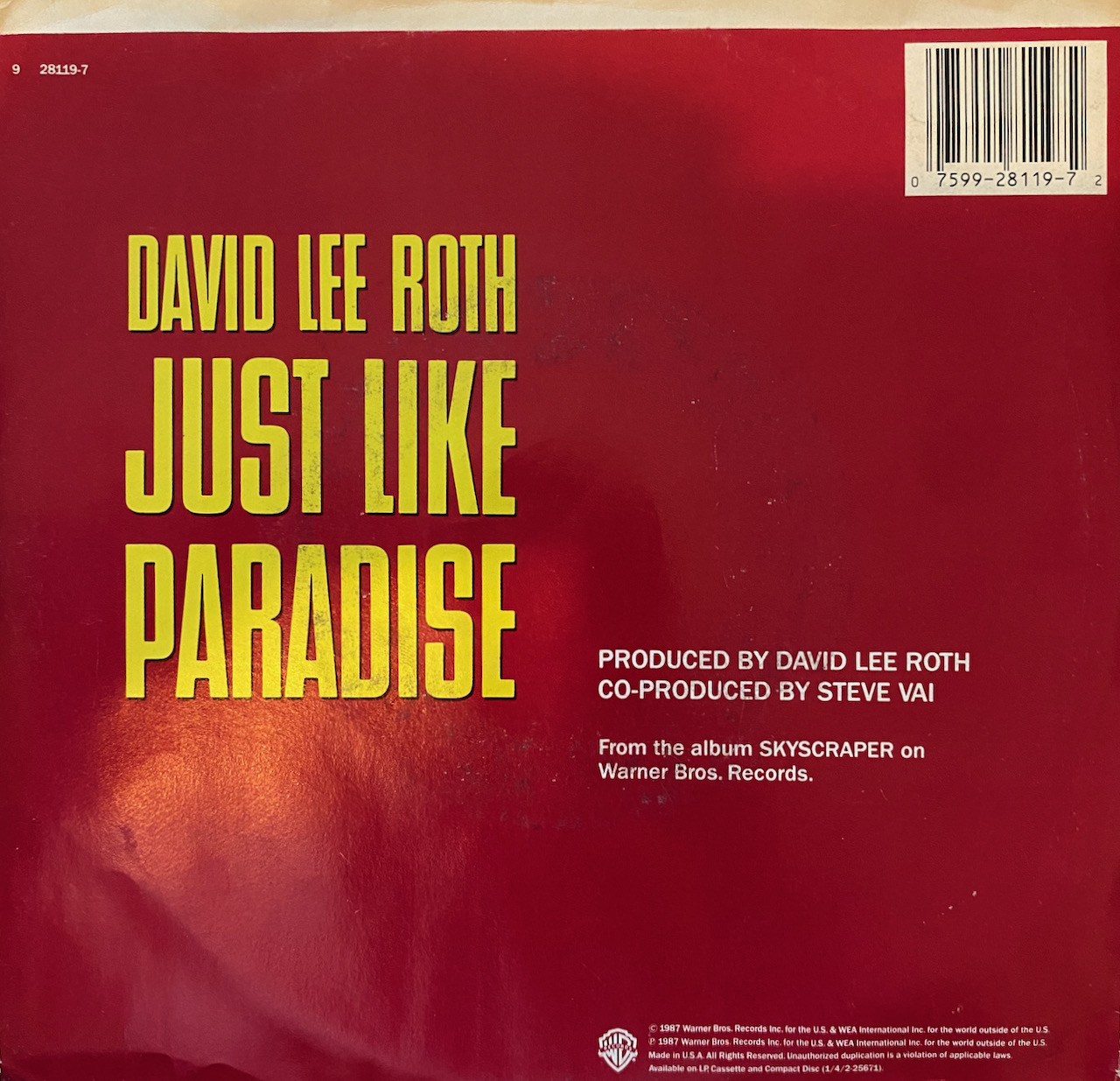 David Lee Roth – “Just Like Paradise” – 7″ Single – 2 Loud 2 Old Music